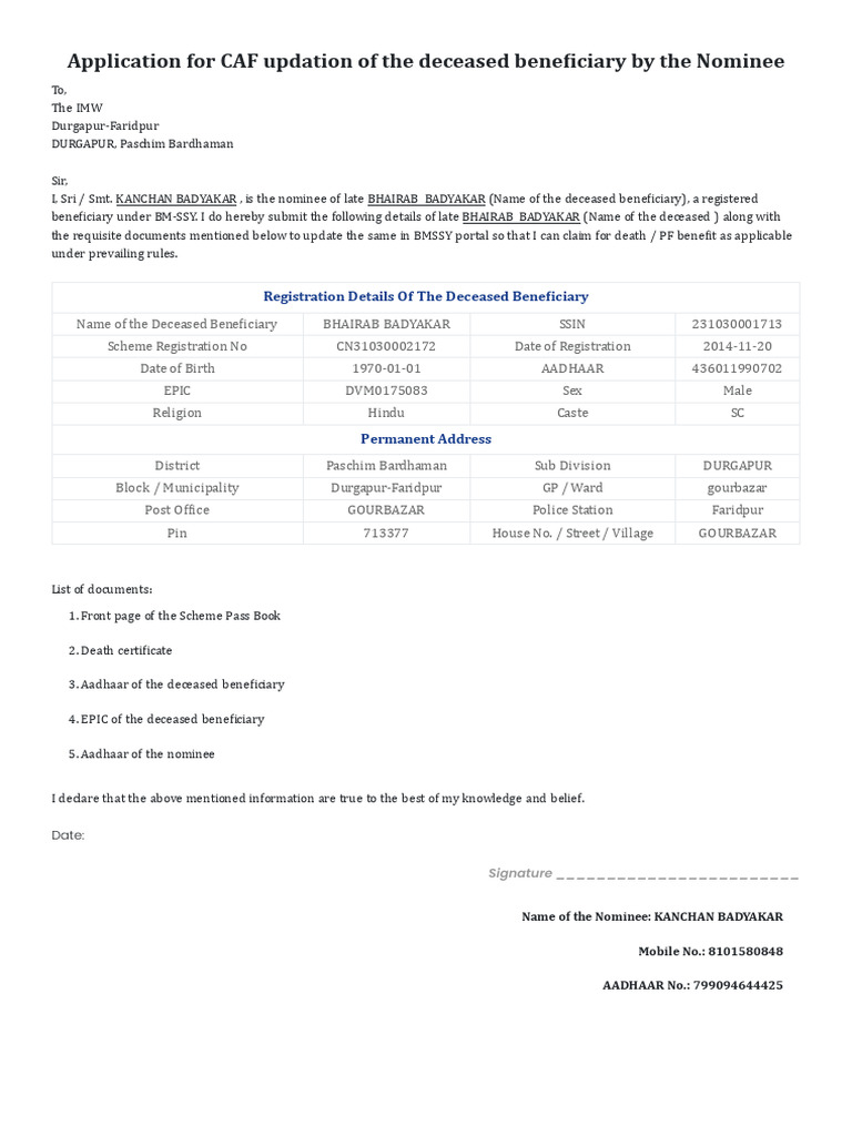 CAF FILLED UP BY NOMINEE | PDF | Government And Personhood