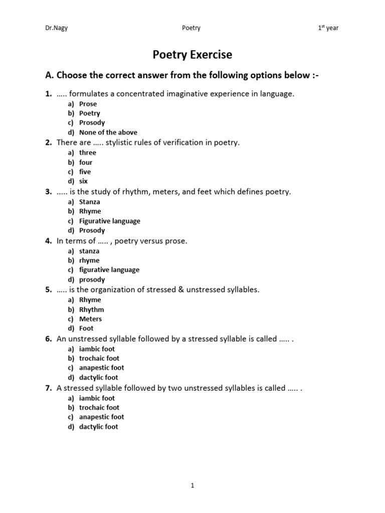 Poetry Exercise and Model Answers | PDF | Poetry | Metre (Poetry)