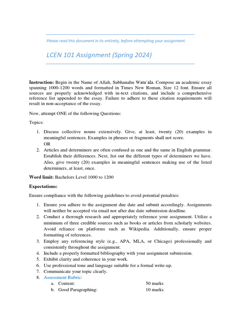 LCEN 101 Assignment 3.0 (Spring 2024) | PDF | Plagiarism | Citation