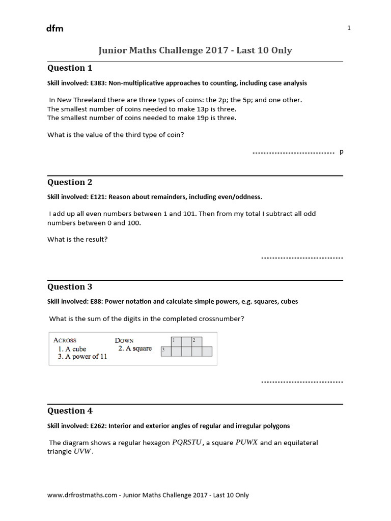 Junior Maths Challenge 2017 Solutions | PDF | Mathematics | Euclidean ...
