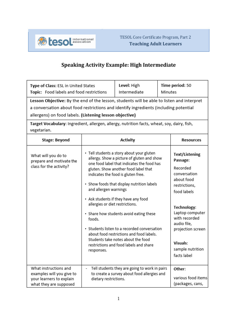 ESL Lesson: Food Labels & Allergies | PDF | Food Allergy | English As A ...