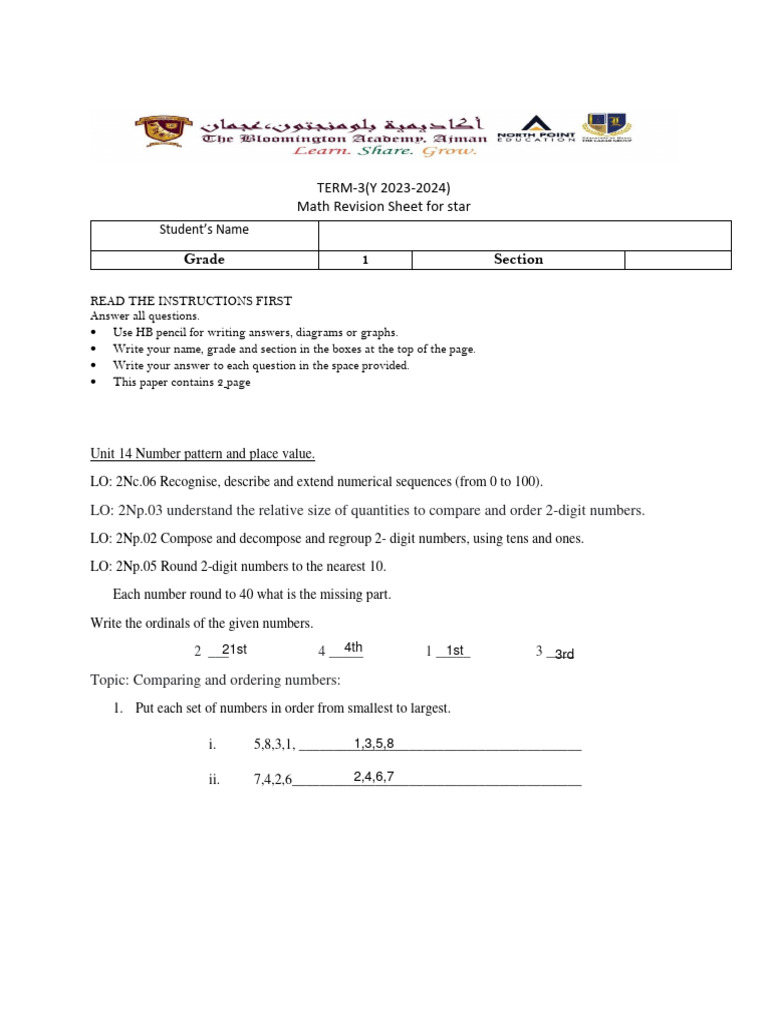 Answer Math Revision Sheet | PDF | Mathematics