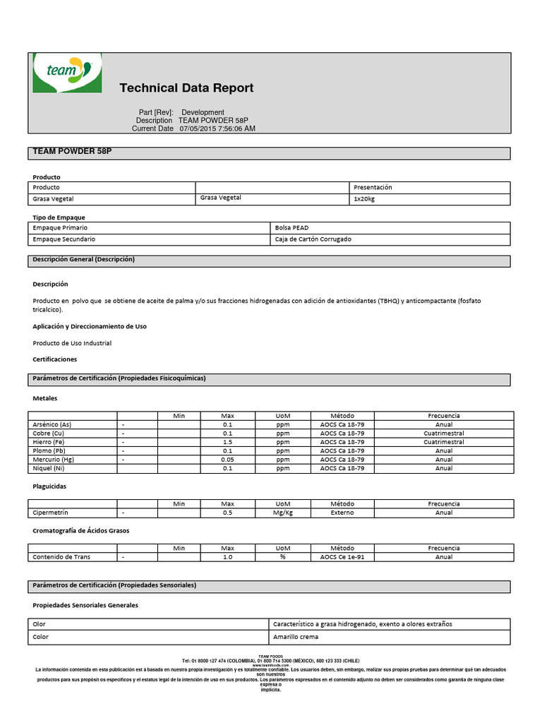 Informe Técnico Grasa Vegetal 58P | PDF | Haba de soja | Sustancias químicas