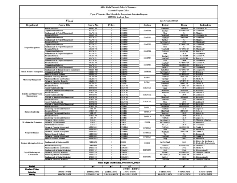 1st Year 1st Semester Class Schedule For PG Extension Program | PDF ...