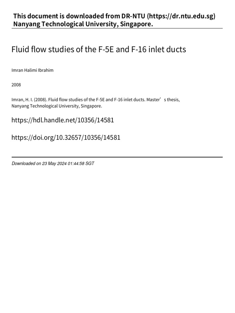 Fluid Flow Studies Of The F-5E and F-16 Inlet Ducts | PDF | General ...