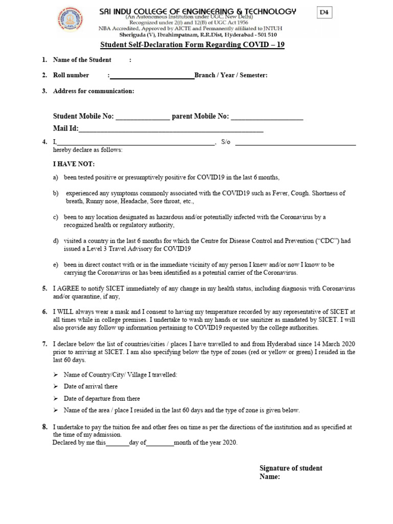 COVID - 19 Student Self Declaration Form | PDF | Causes Of Death ...