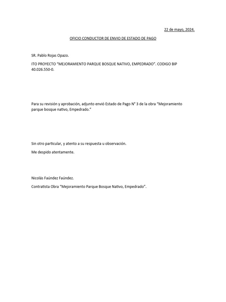 Oficio Conductor de Envio de Estado de Pago 3 | PDF