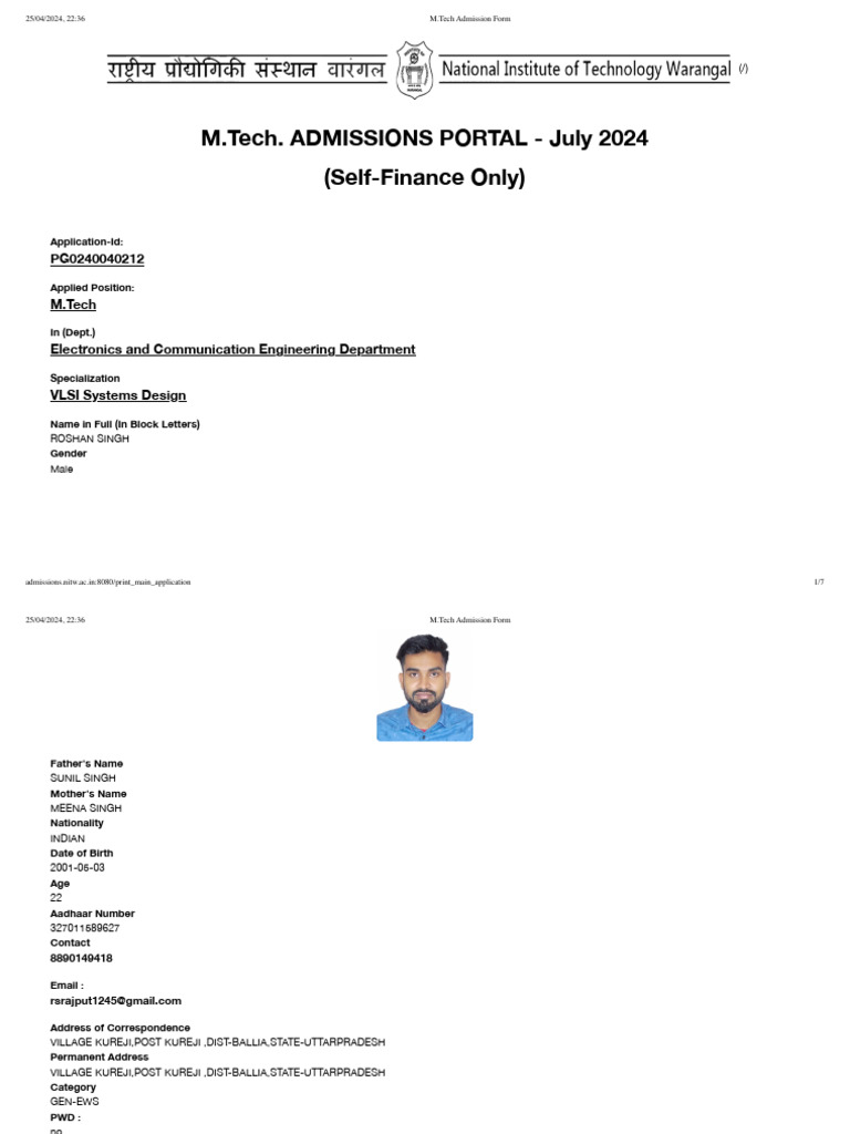 M.tech Admission Form WARRANGLE | PDF | Computing