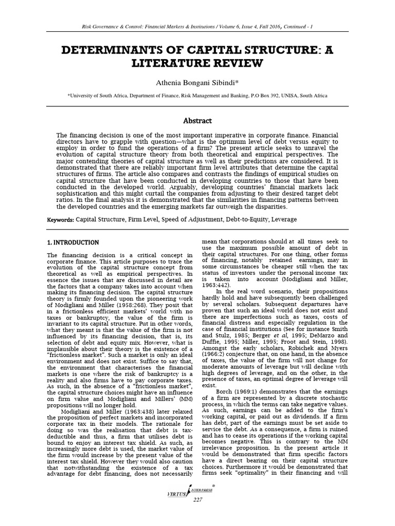 Determinants of Capital Structure A Literature Rev | PDF | Capital Structure | Leverage (Finance)