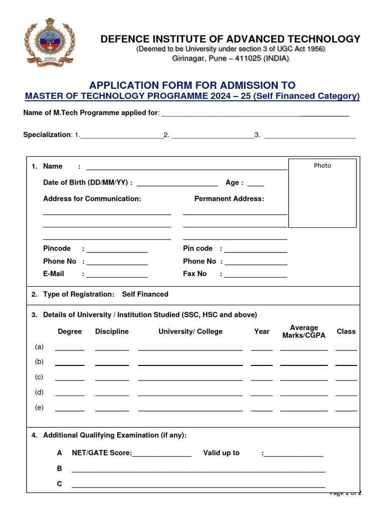 DRDO DIAT APPLICATION FORM | PDF