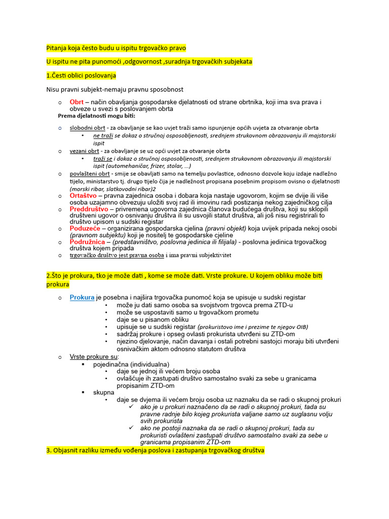 Pitanja Koja Često Budu U Ispitu Trgovačko Pravo | PDF