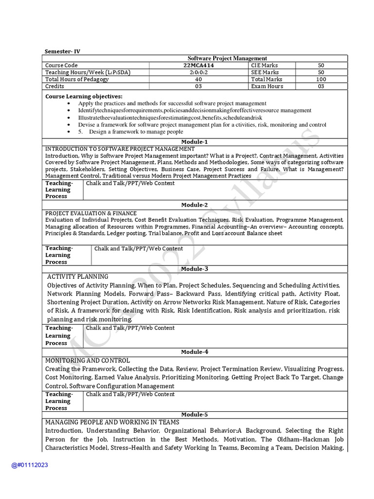 Software Project Management Syllabus | Download Free PDF | Project Management | Risk Management