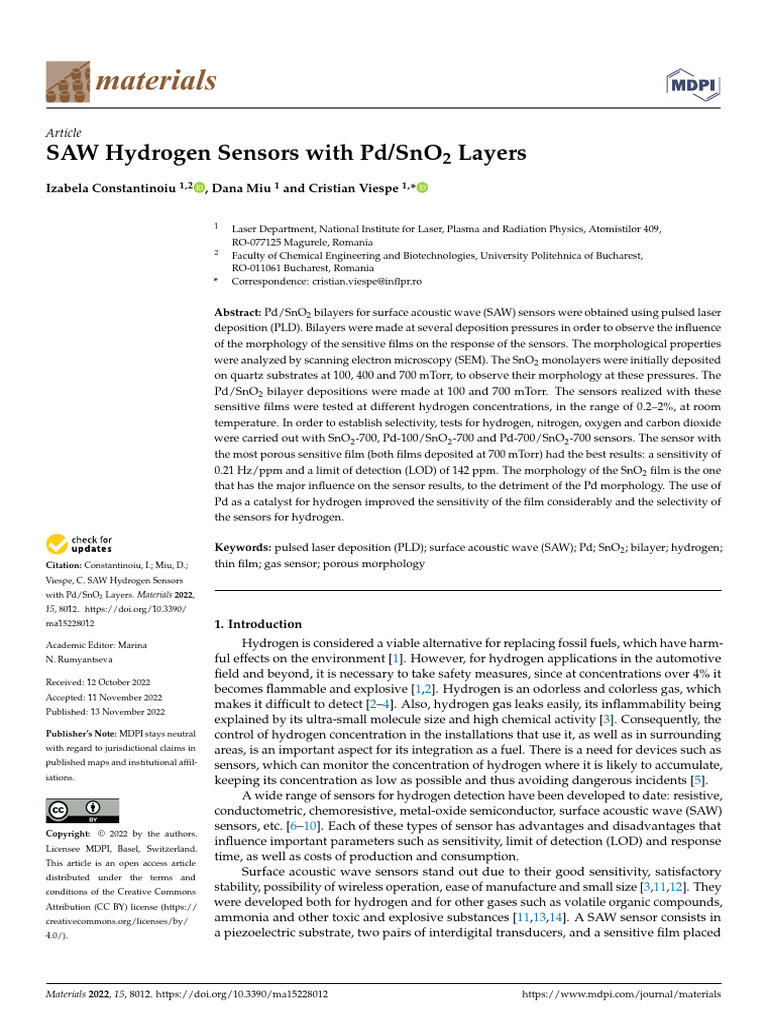 SAW Hydrogen Sensors With PdSnO2 Layers | PDF | Physical Sciences | Materials