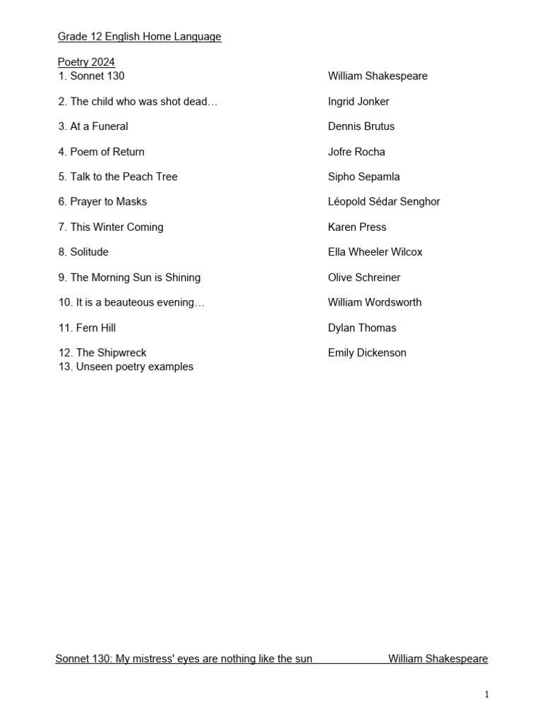 Malope Version Grade 12 Poetry Notes | PDF | Poetry | Rhyme