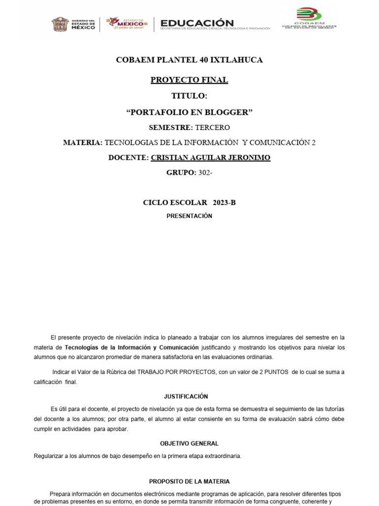 Formato Proyecto Final Tics 304 | PDF | Blog | Evaluación