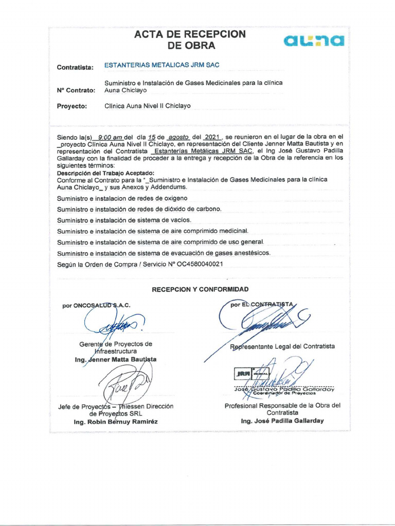 Acta de Recepcion de Obra | PDF