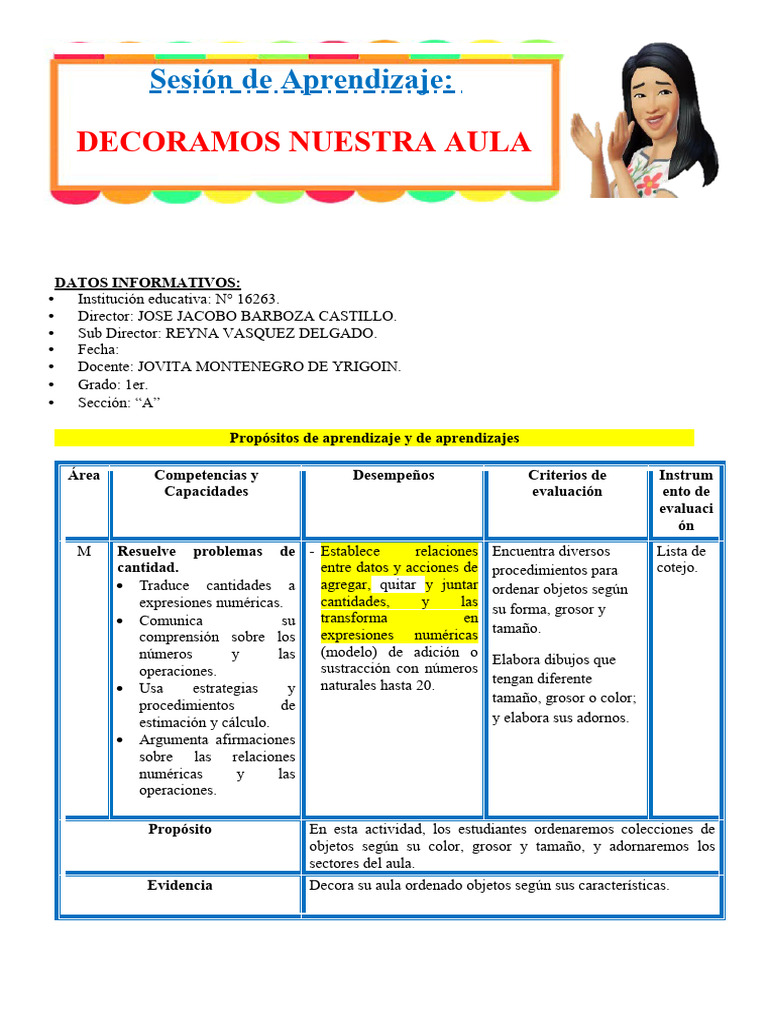 1° Sesión Día 3 Mat Decoramos Nuestra Aula | PDF | Salón de clases | Evaluación