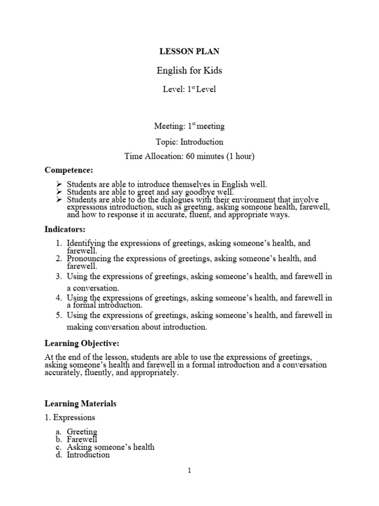 LESSON PLAN EFK 1st Level | PDF | English Language | Prayer