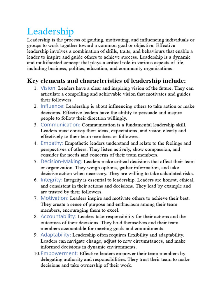 Leadership: Key Elements and Characteristics of Leadership Include ...