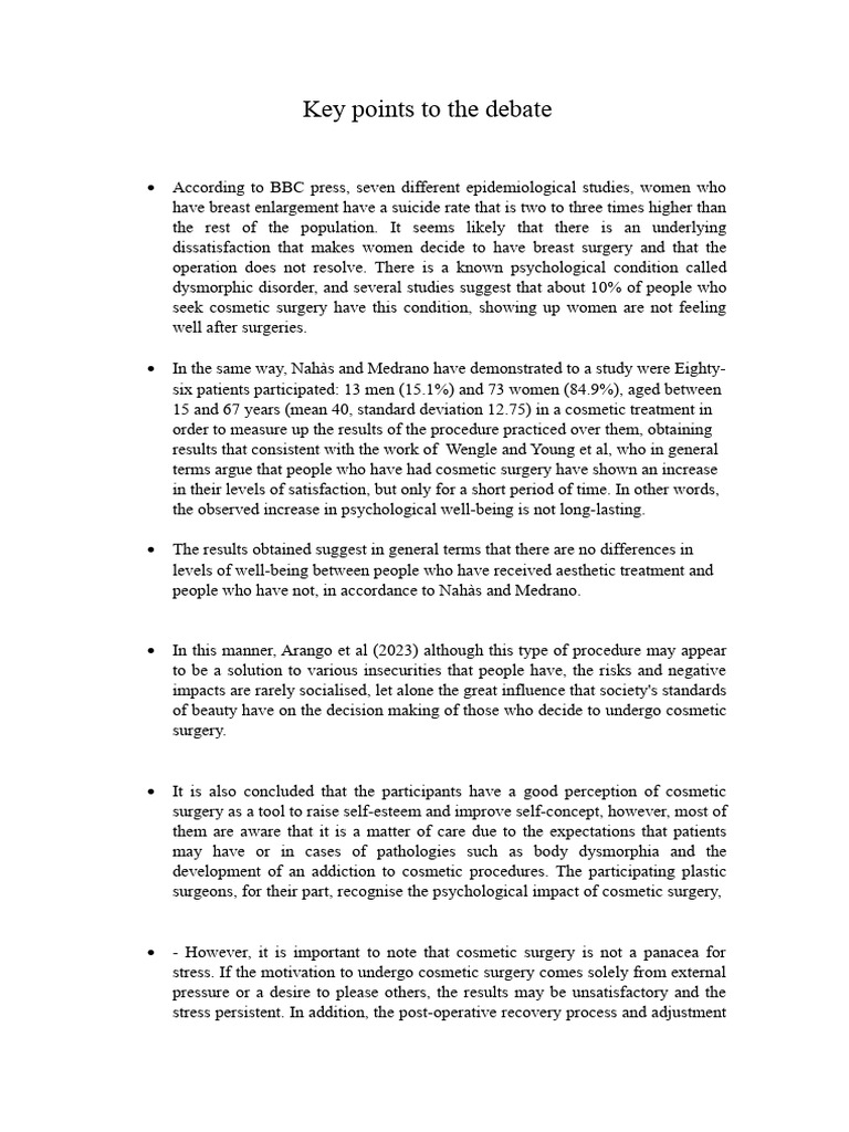 Key Points To The Debate | PDF | Surgery | Plastic Surgery