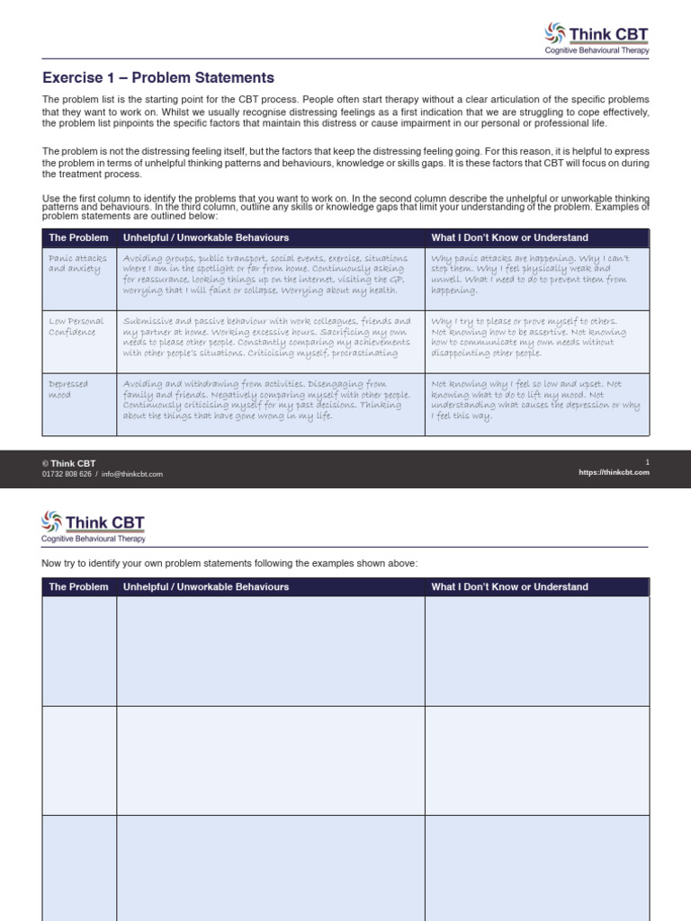 CBT Problem Statement Exercise Guide | PDF | Cognitive Behavioral ...