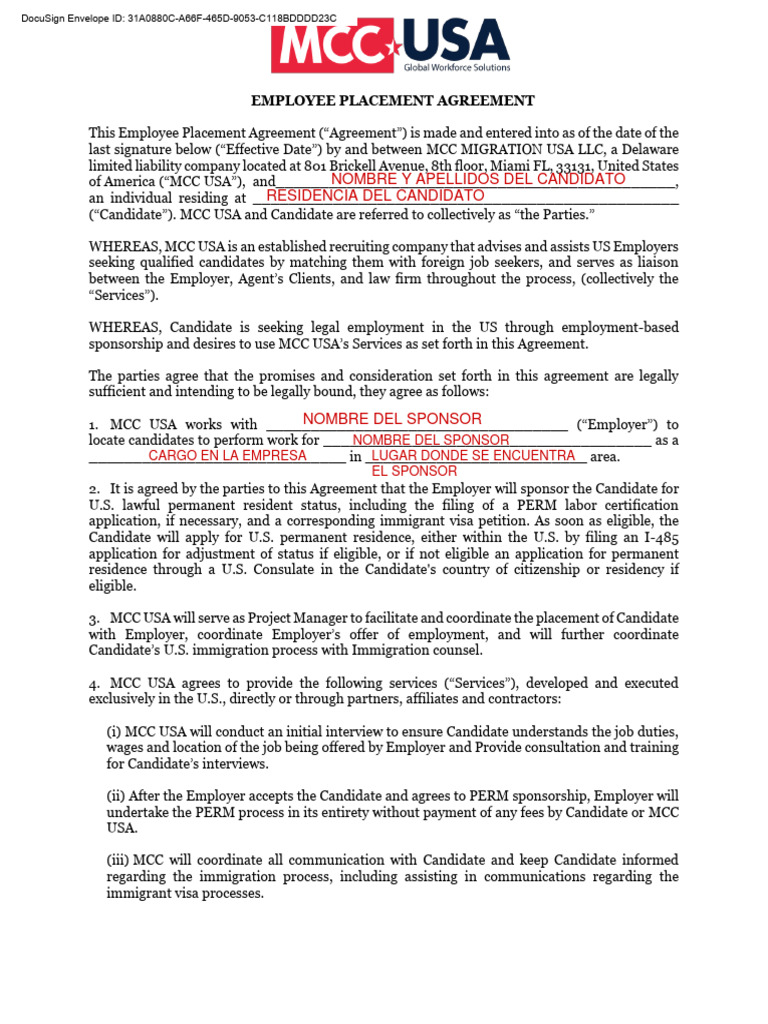 MCC USA Employment Placement Agreement | PDF | Legal Liability | Indemnity