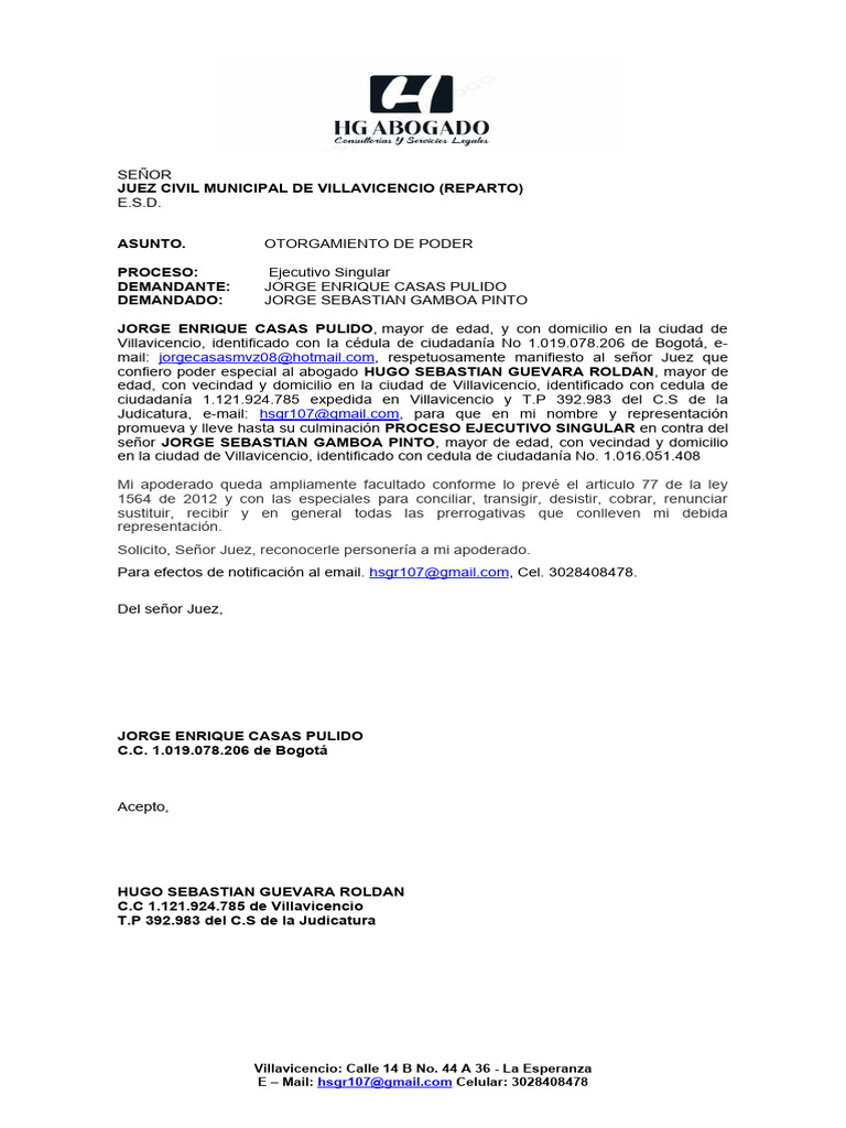 Demanda Proceso Ejecutivo Singular - Demandante Jorge Enrique Casas ...