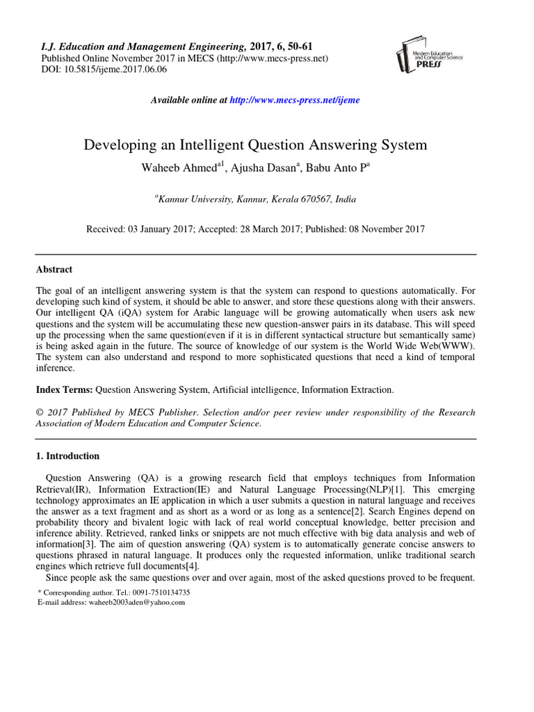 Developing An Intelligent Question Answe | PDF | Cognitive Science | Information Science
