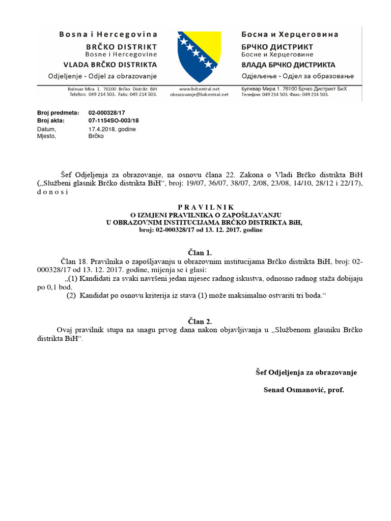 Pravilnik o Zapošljavanju U Odjeljenju Za Obrazovanje | PDF