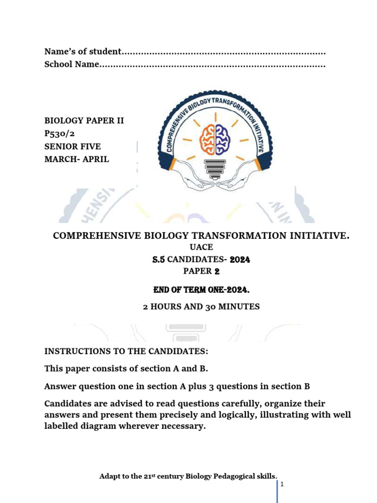 SET II - S.5 Biology Paper II. | Download Free PDF | Vesicle (Biology ...