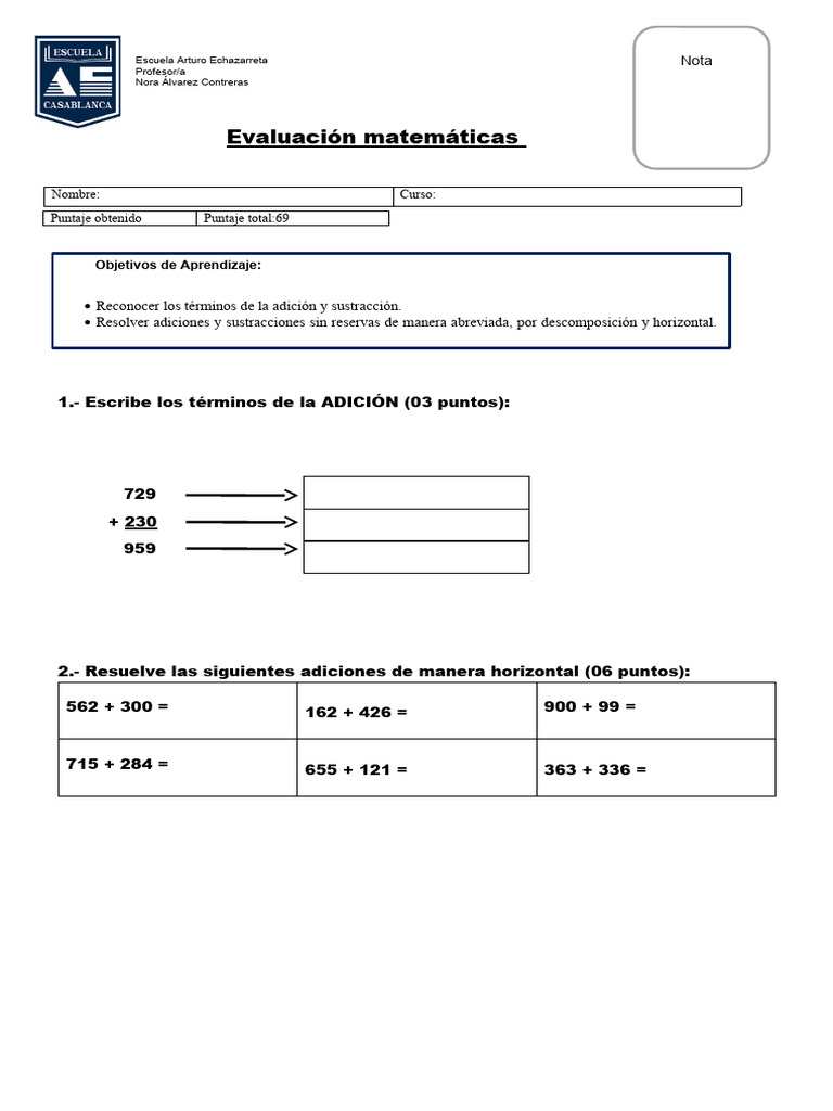 Prueba Sumas y Restas Sin Reservas | PDF