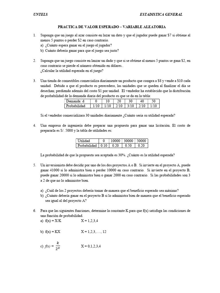 Practica de Esperanza Matematica | PDF | Probabilidad | Valor esperado