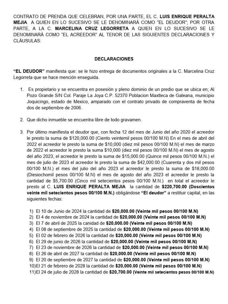 Contrato de Prenda Que Celebran | PDF | Pagos