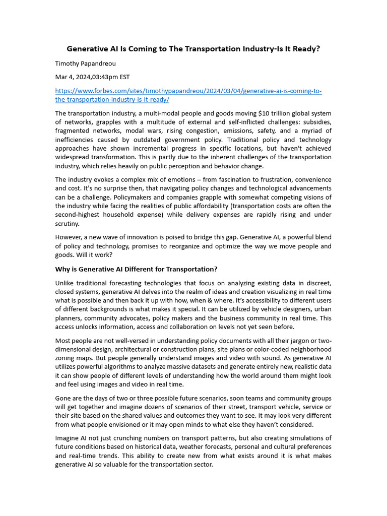 Generative AI For Transport Logistics | Download Free PDF | Artificial ...