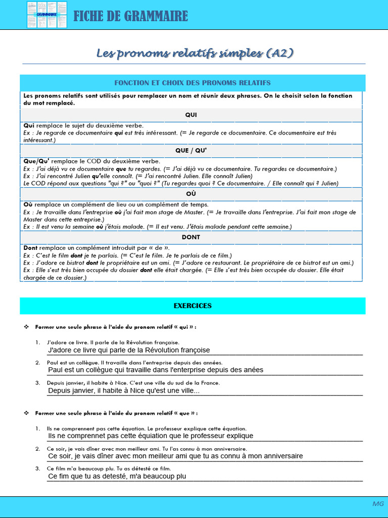 Pronoms relatifs simples en français A2 | PDF | Syntaxe | Linguistique