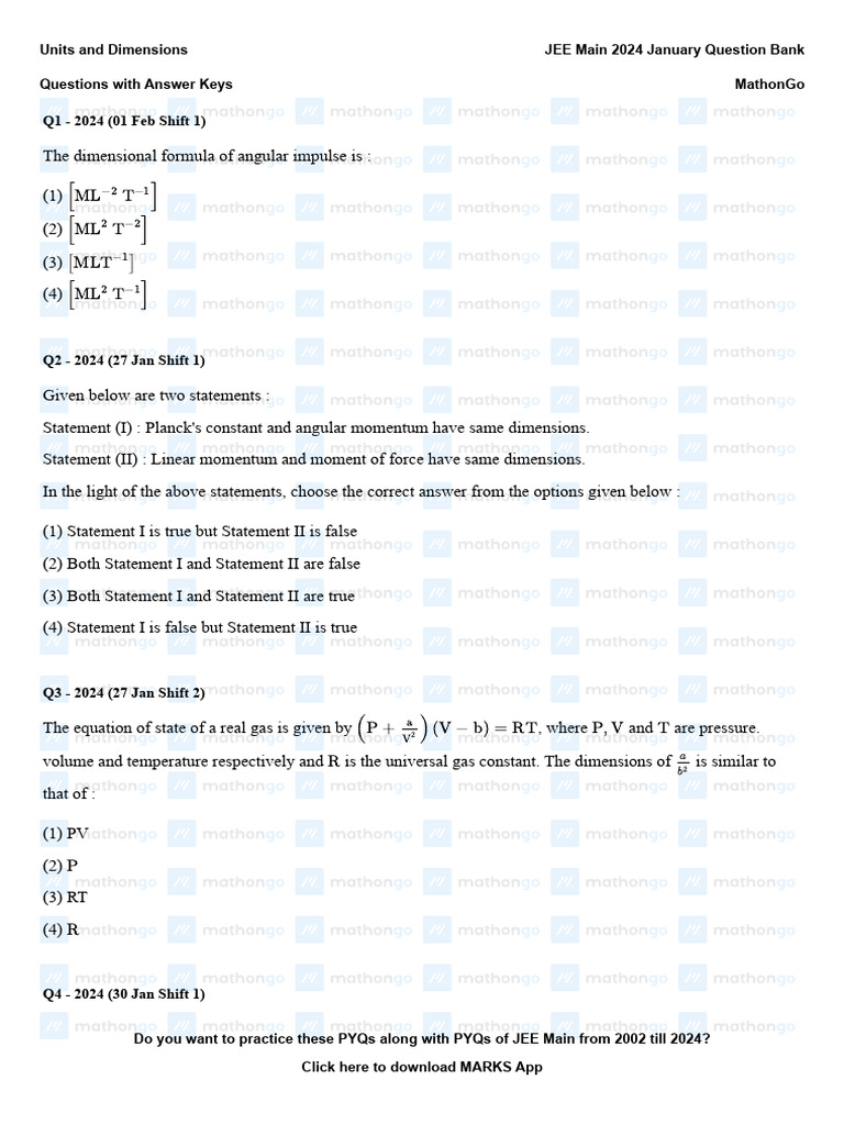 Units and Dimensions - JEE Main 2024 January Question Bank - MathonGo | Download Free PDF ...