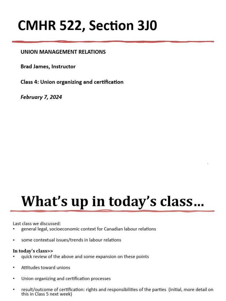 Class 4 - CMHR 522, Section 3J0 - Union Organizing & Certification ...