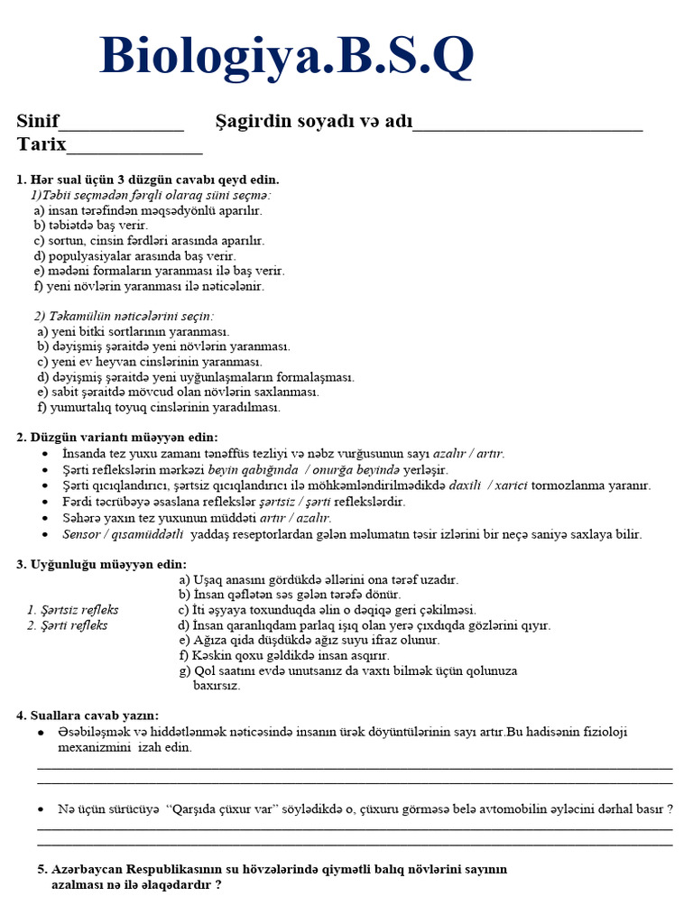 Biologiya-9 - Cu Sinif - BSQ 2 | PDF