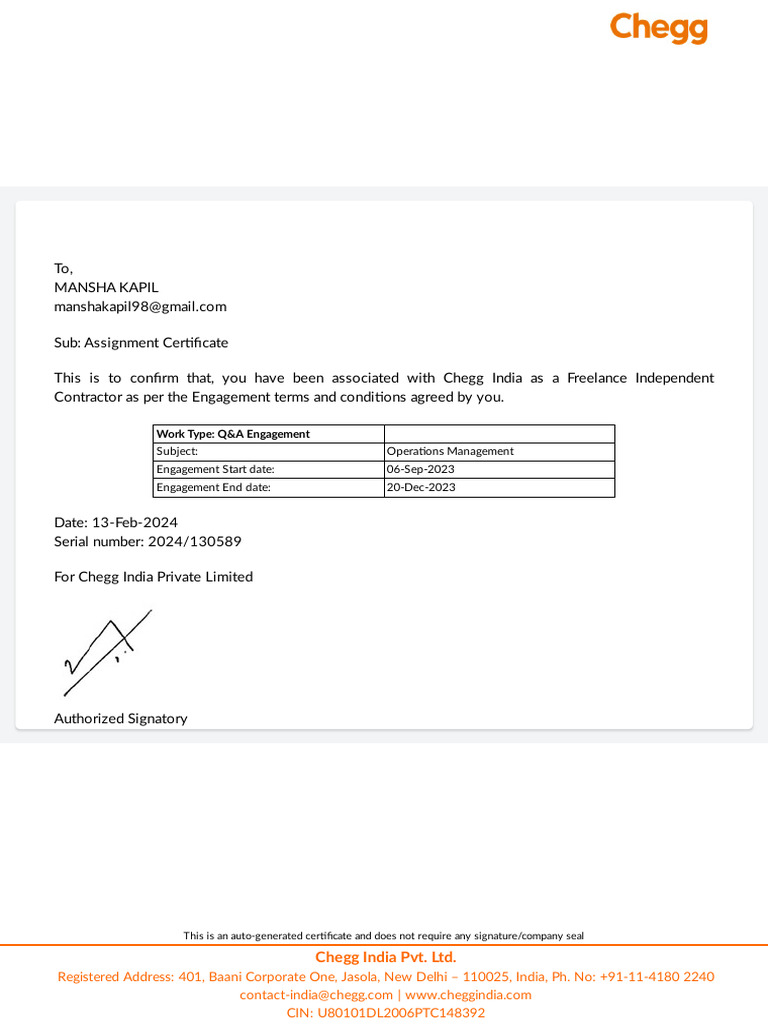 Assignment Certificate | PDF
