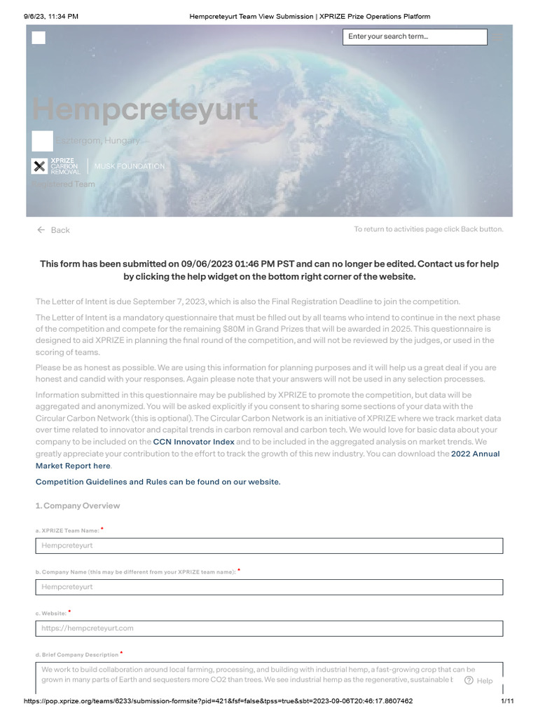 Hempcreteyurt Team View Submission - Intent To Compete - XPRIZE Prize Operations Platform | PDF