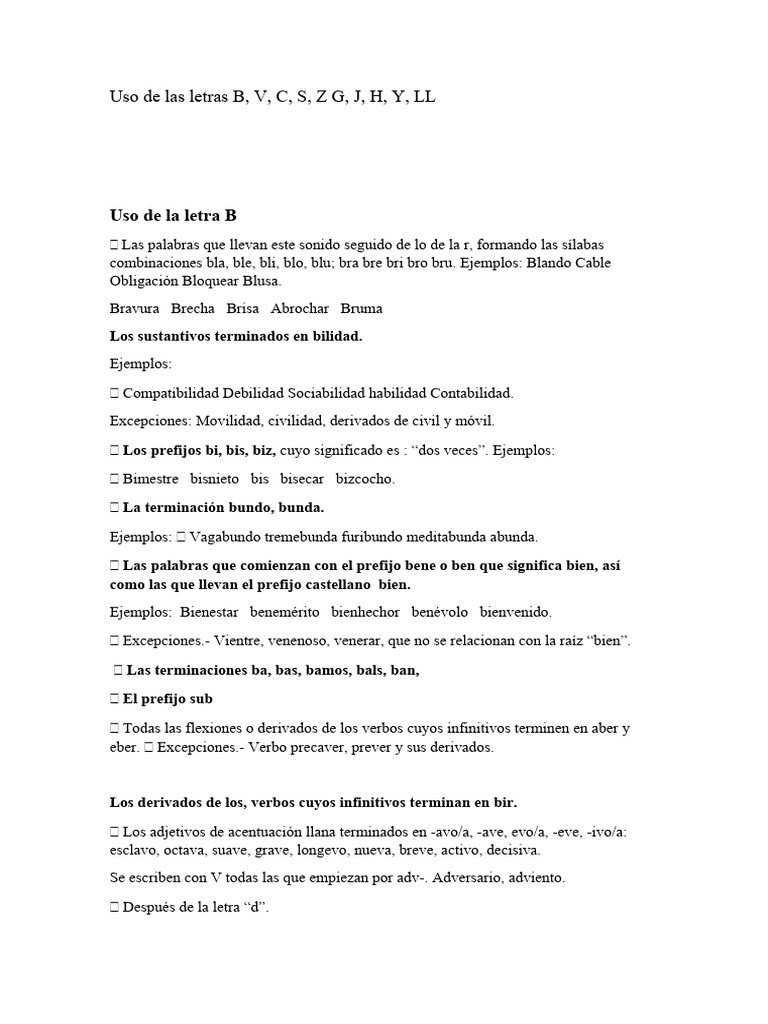 Uso de La Letra B: Uso de Las Letras B, V, C, S, Z G, J, H, Y, LL | PDF ...
