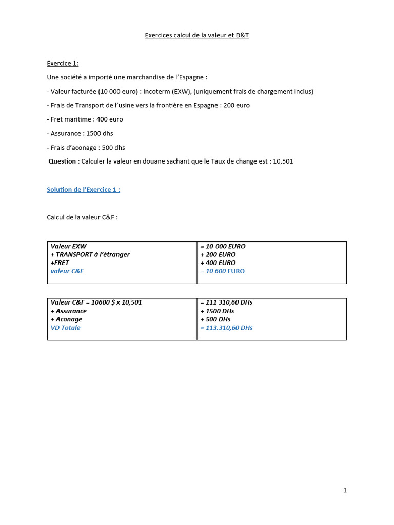 Exercice Valeur en Douane Et DI | PDF | euro | Économie
