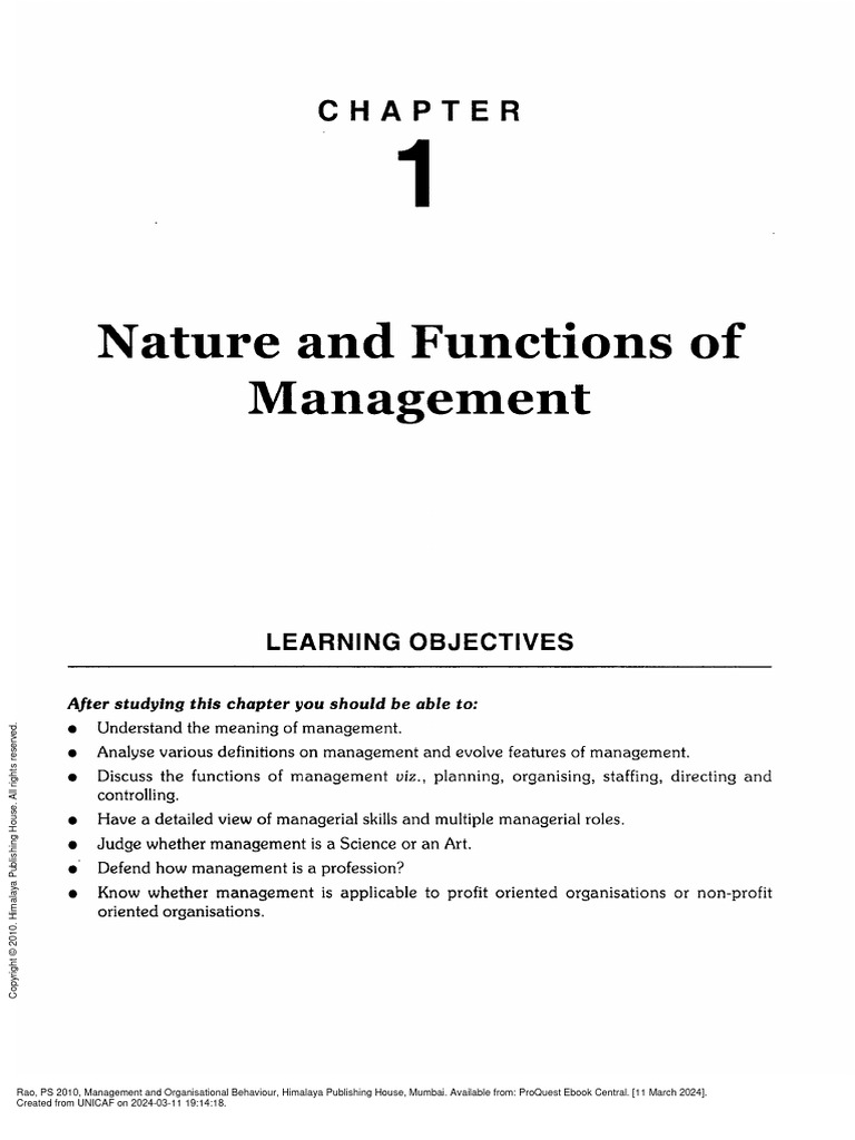 Management and Organisational Behaviour (CHAPTER 1 Nature and Functions ...
