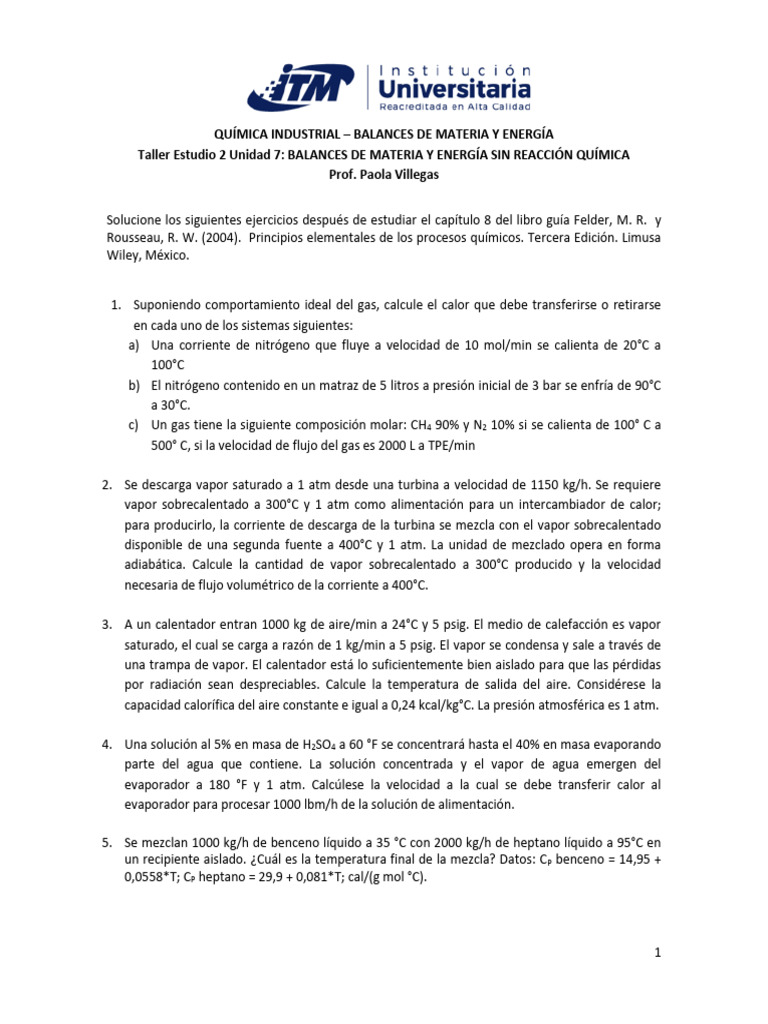 Taller N°6 B Materia y Energía Sin Reacción | PDF | Vapor de agua | Agua