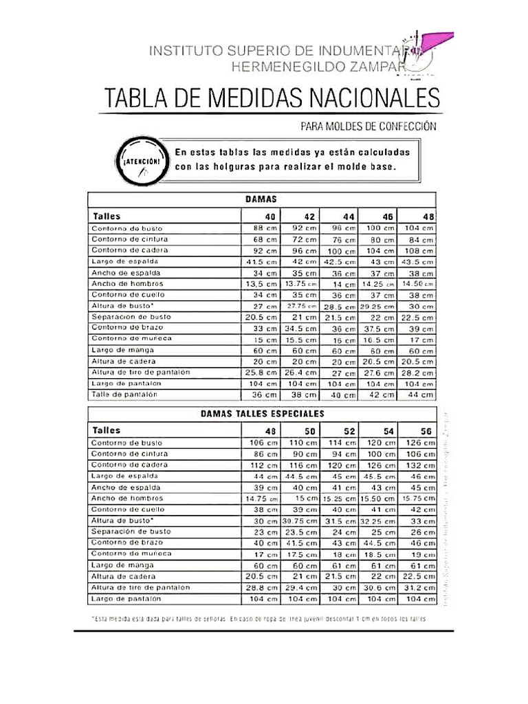 Tabla Medidas Nacionales Hermenegildo Zampar Costura Confección | PDF