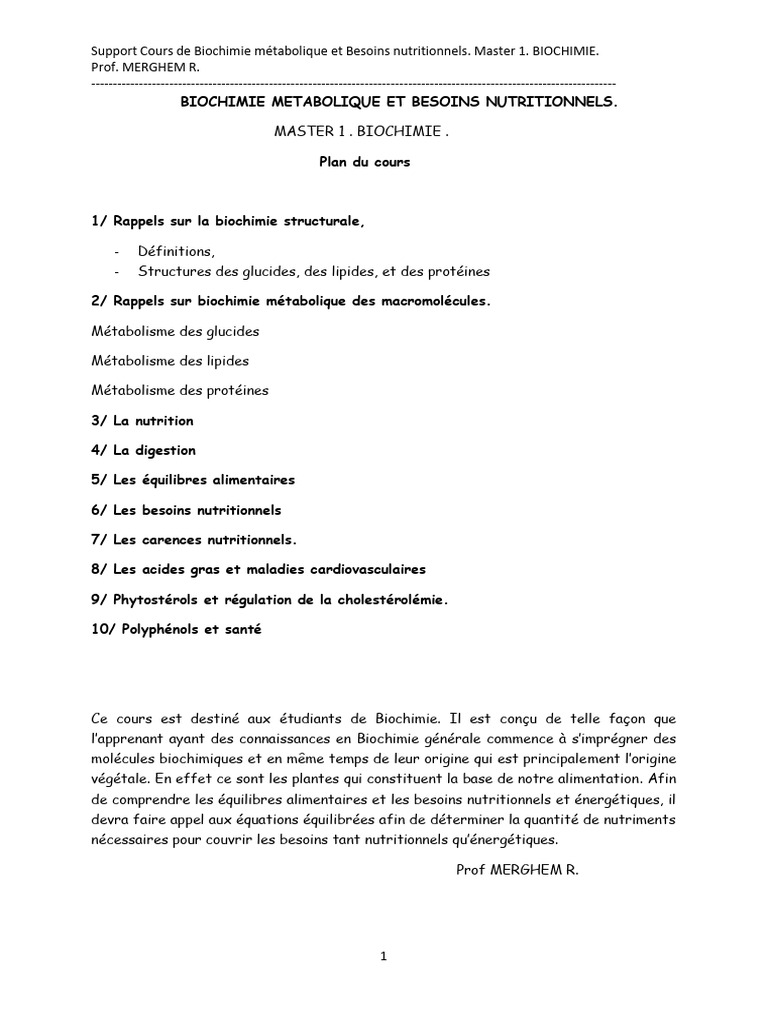 Biochimie Métabolique et Nutrition Master 1 | PDF