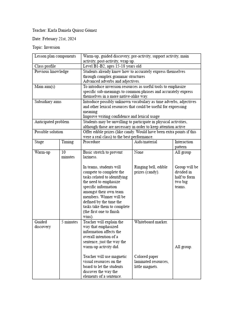 Lesson Plan Example Grammar - Inversion | PDF | Information | Cognition