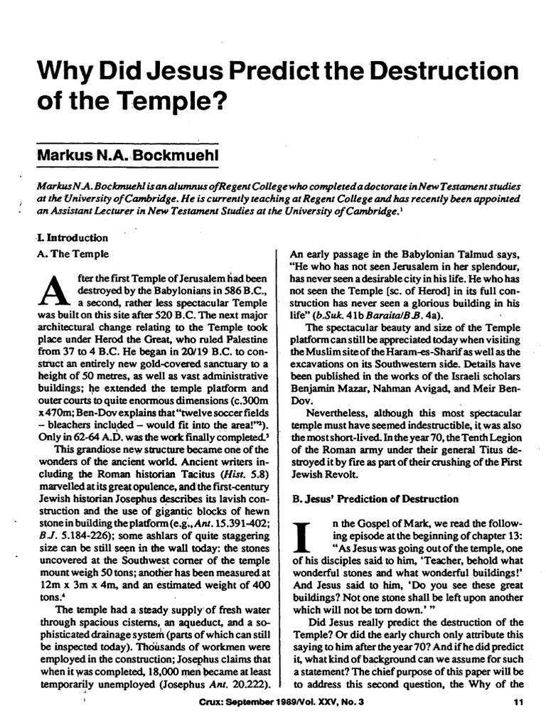 BOCKMUEHL - Why Did Jesus Predict The Destruction of The Temple | PDF | Second Temple | Temple ...