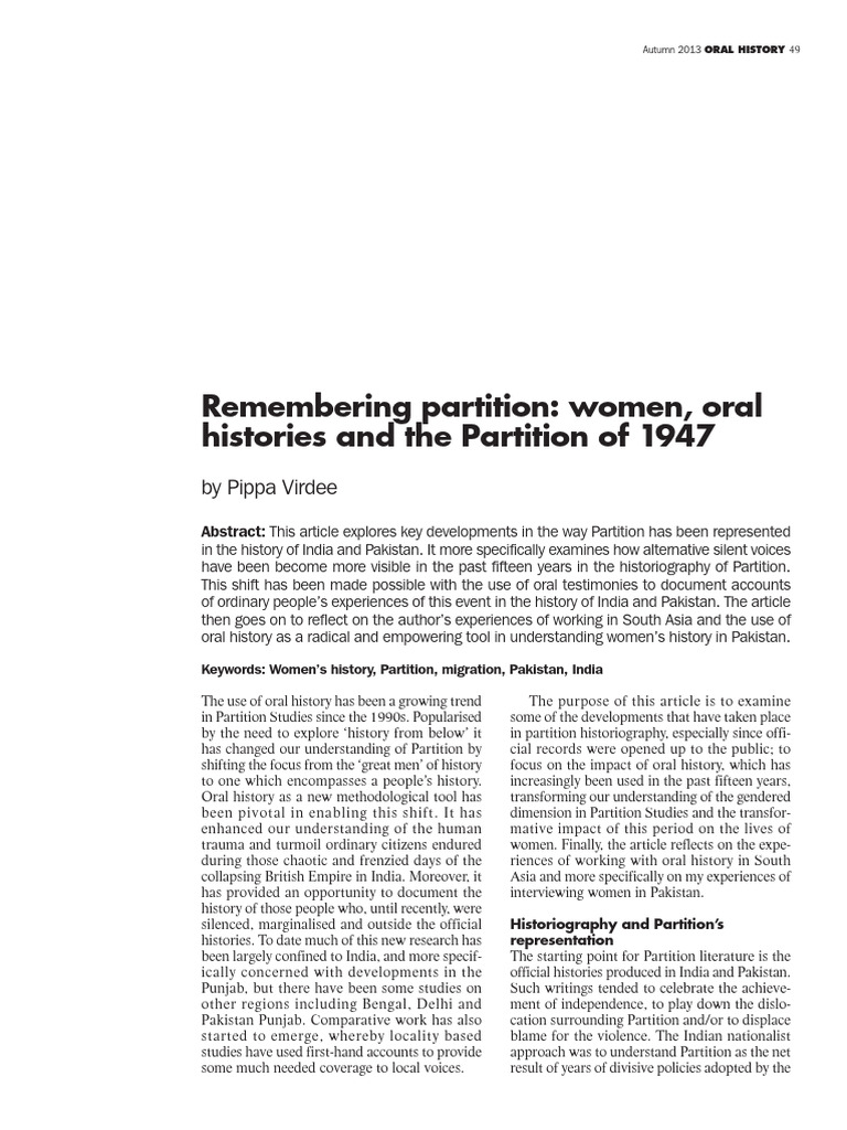 Remembering Partition Women Oral Histori | PDF | Partition Of India ...