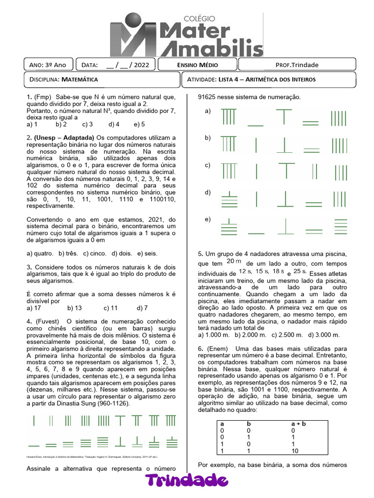 Lista4 AritmeticadosInteiros | PDF | Decimal | Números